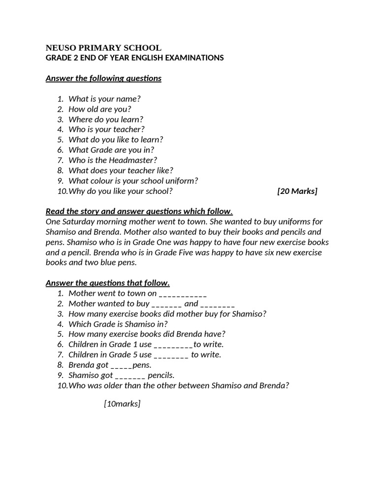 Grade 2 English Paper 2 | PDF