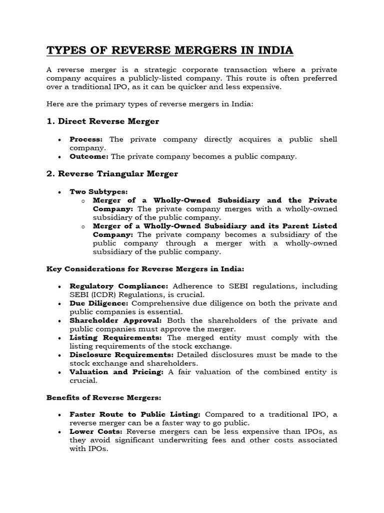 Types of Reverse Mergers in India | PDF | Mergers And Acquisitions | Stocks