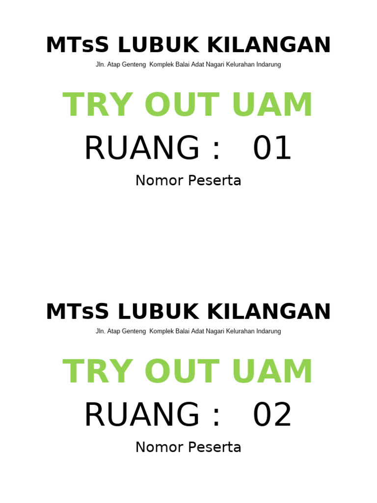 Label Ruang Ujian | PDF