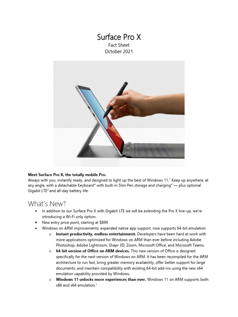 Surface Pro X Fact Sheet | PDF | Microsoft Windows | Windows 10