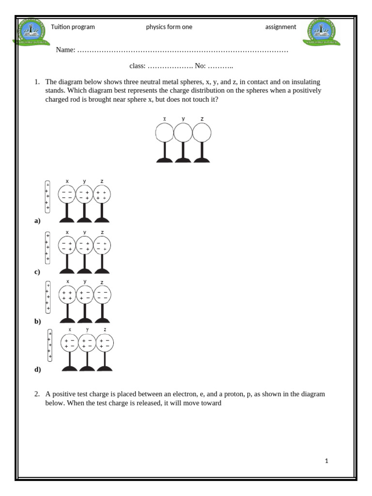 Electrostatics Form One Exercise | PDF
