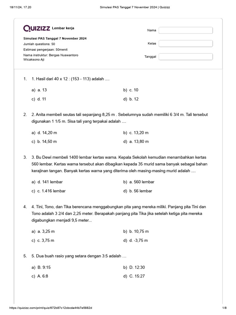 Latihan Soal Simulasi Matematika | PDF