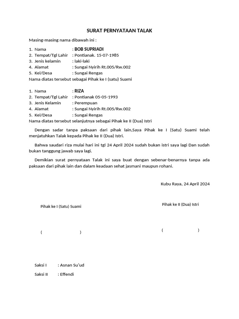 Surat Pernyataan Talak | PDF