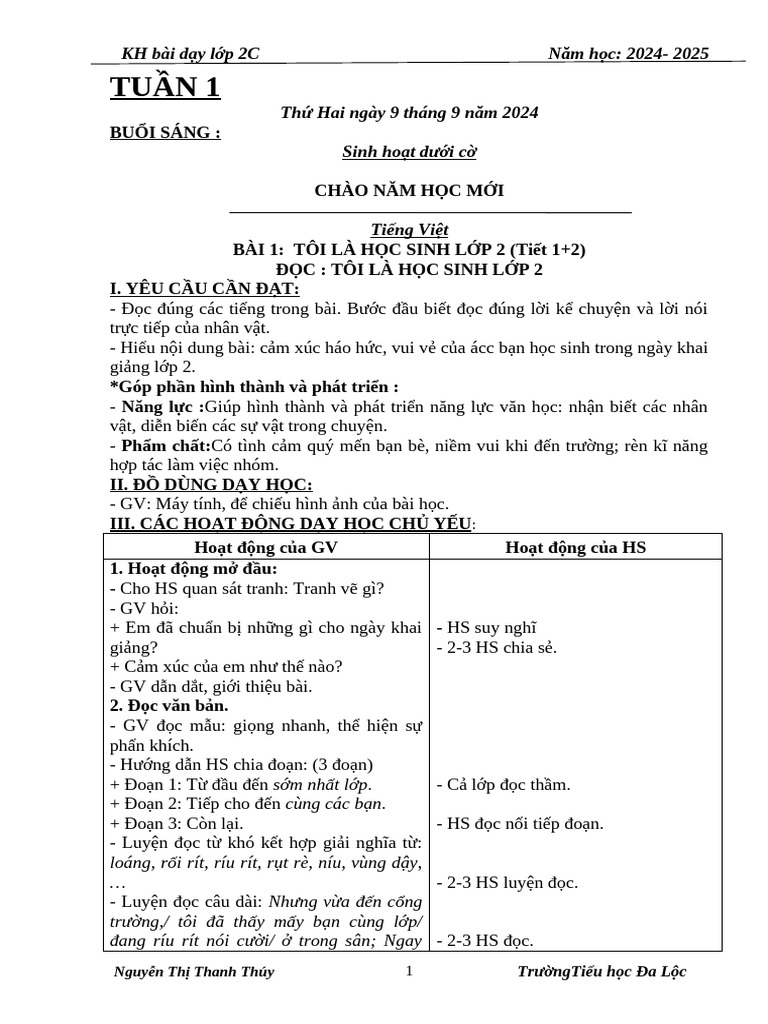 2C - tuần 1- KHBD | PDF