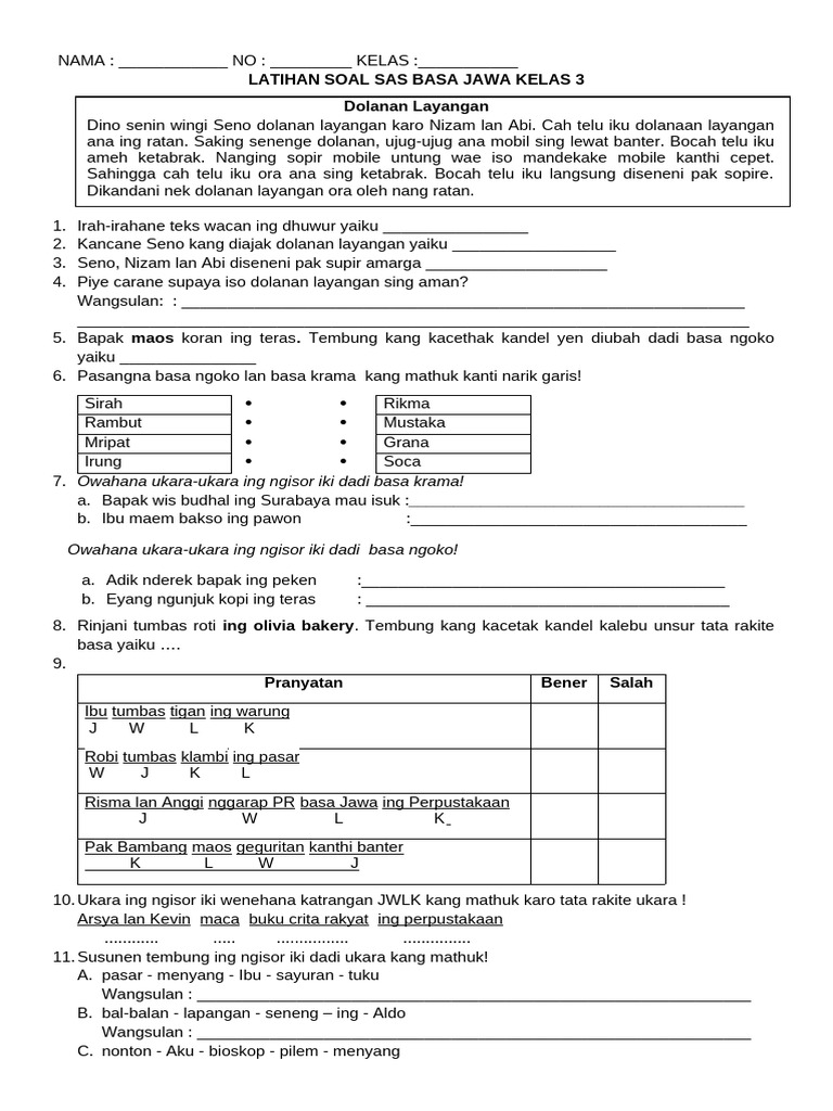 Latihan Sas Soal B.jawa KLS 3 | PDF