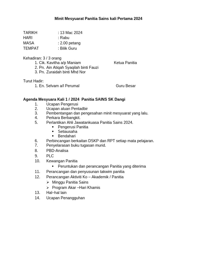 MINIT MESYUARAT SAINS 2024 | PDF