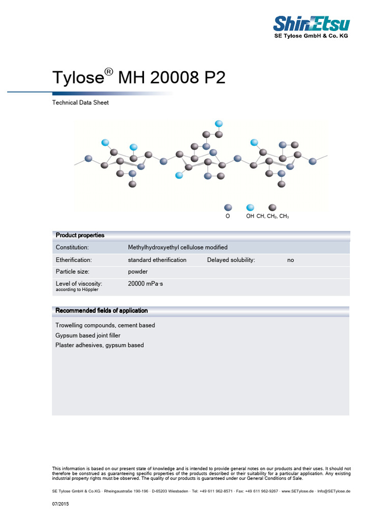 TDS Tylose MH 20008 P2 | PDF | Water | Viscosity