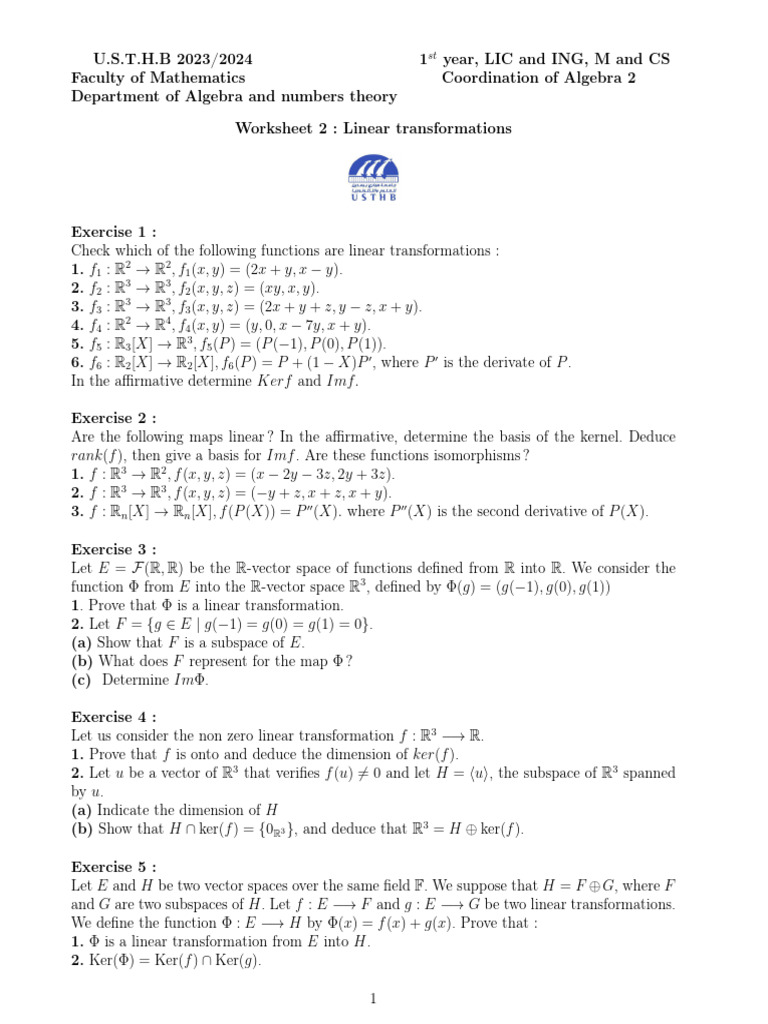Worksheet 2 Linear Transformations 2023-2024 | PDF | Linear Map ...