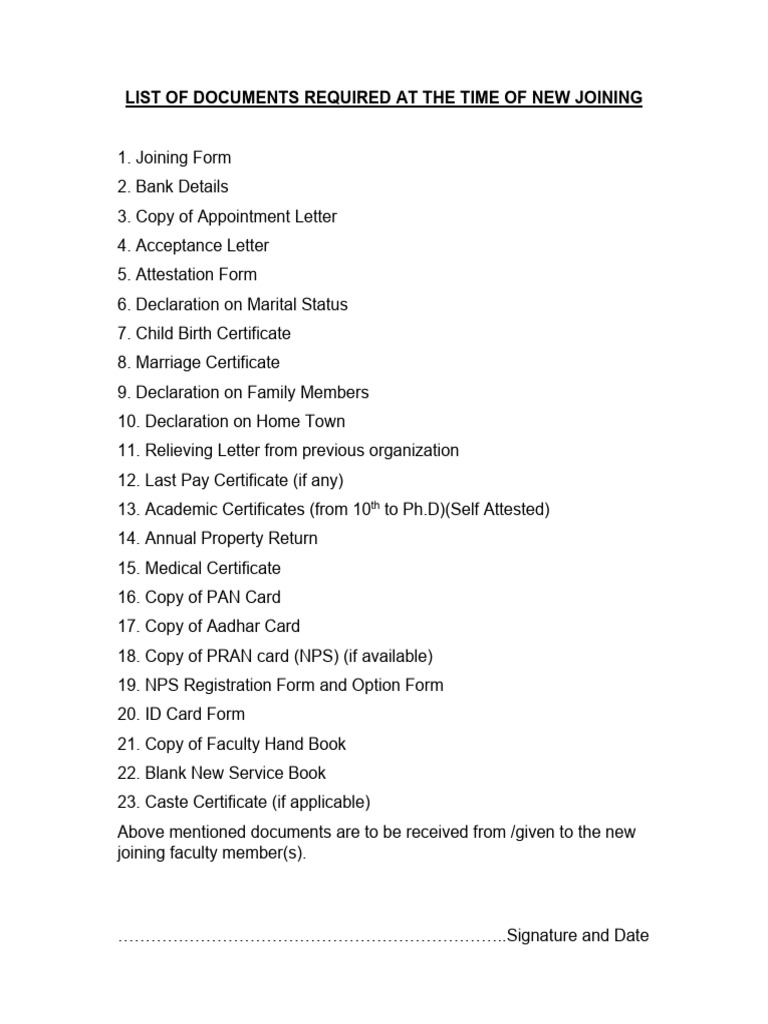 New Employee Joining Documents List | PDF