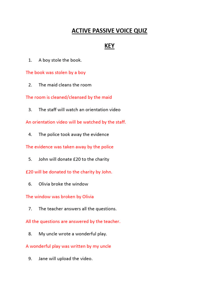 Active Passive Voice Quiz Key | PDF