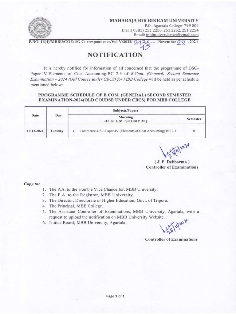 Prog. Schd. of B.Com - (General) 2nd Sem. Exam. 2024 | PDF