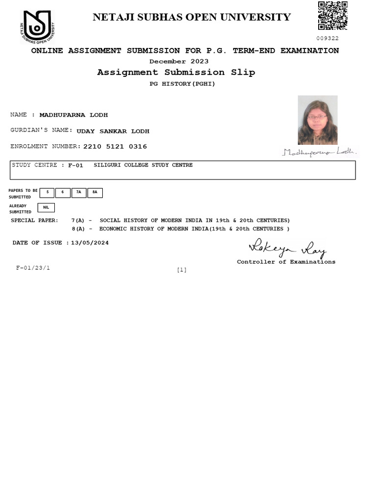 Netaji Subhas Open University: Assignment Submission Slip | PDF