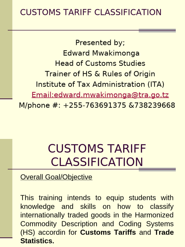 CUSTOMS TARIFF CLASSIFICATION CFFPC Hand Out For Lesson 1 | PDF ...