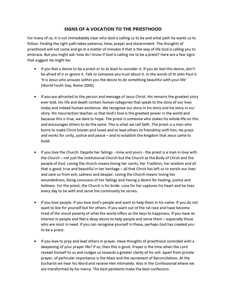 Signs of a Vocation to the Priesthood | PDF | Prayer | Jesus