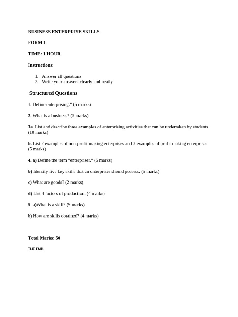 Business Enterprise Skills Assessment Form | PDF