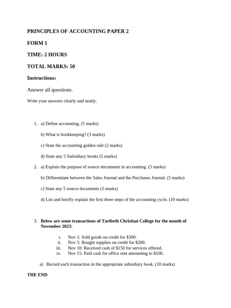 Principles of Accounting Paper 2 Form 1 Final | PDF