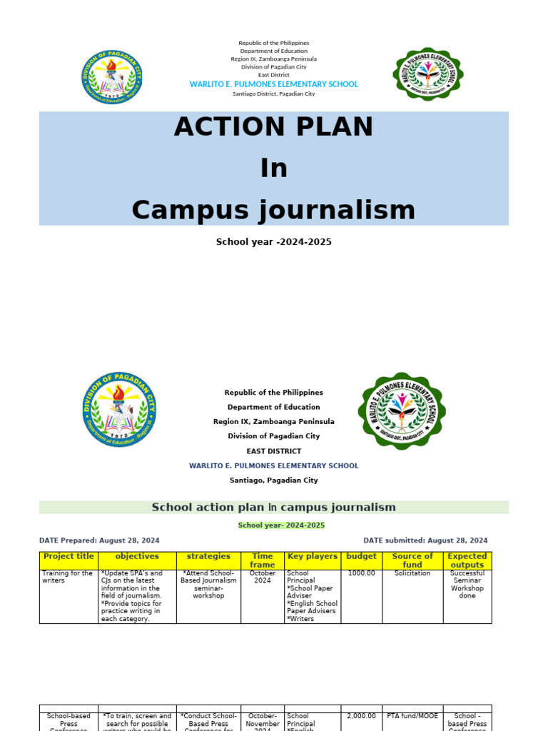 Action Plan in CAMPUS JOURNALISM 2024-2025 | PDF | Journalism | Human Communication