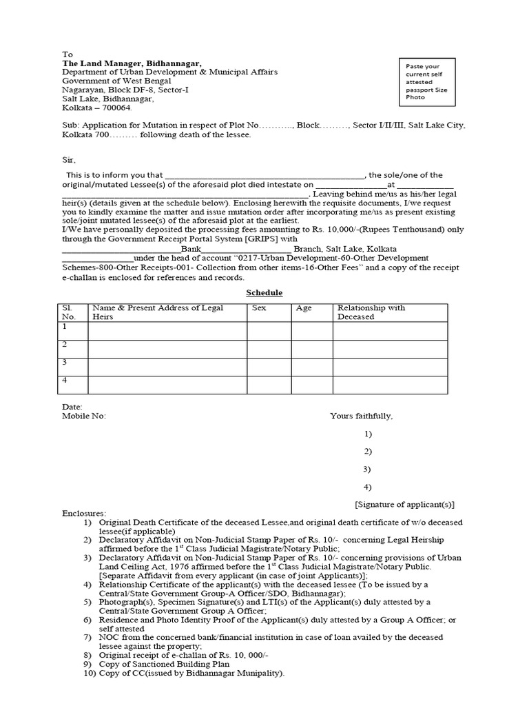 Application For Mutation Concerning The Death of The Lessee | PDF ...