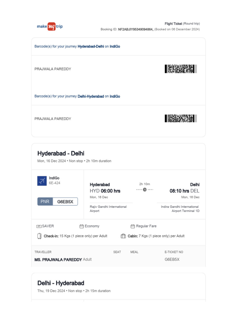 Hyderabad-Delhi Round Trip Ticket | PDF | Transport | Aviation