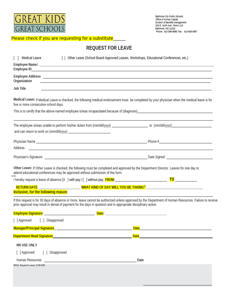 Request for Leave Blank | PDF | Sick Leave