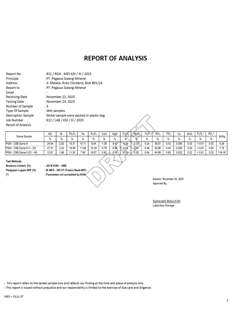 DRAFT ROA 812 - 2023 PT. PGM 3 Sampel-CSB | PDF | Materials | Chemical ...