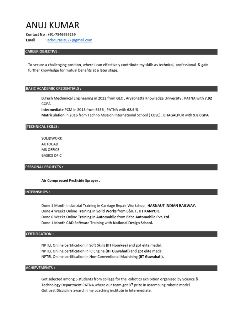 RESUME-ANUJ KR | PDF | Engineering