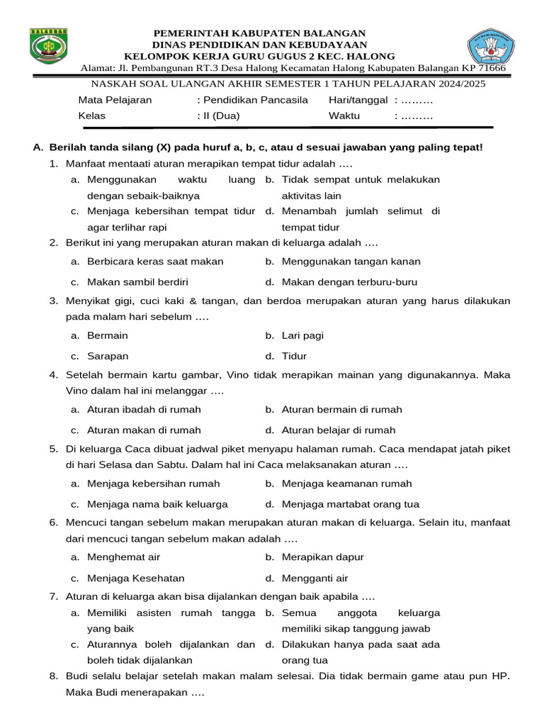 Soal Asas Ganjil Pend. Pancasila Kelas 2 | PDF