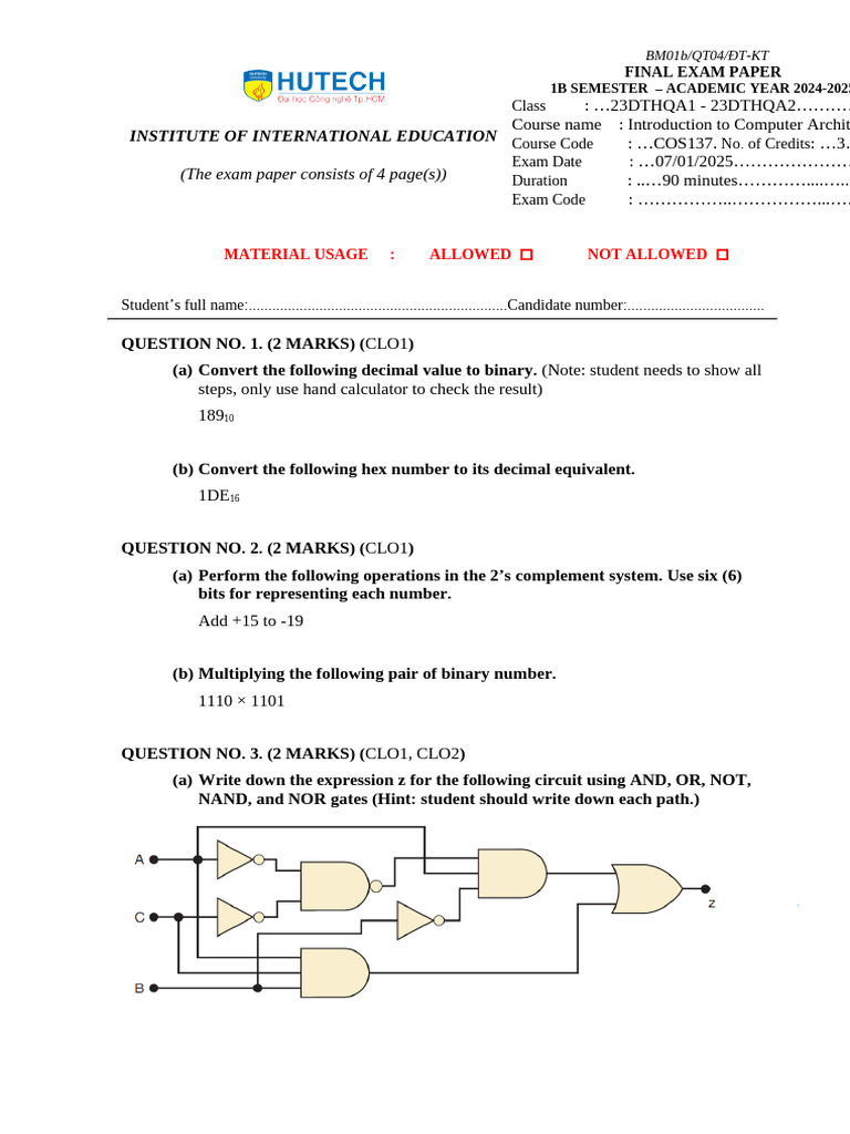 2.1 FINAL EXAM PAPER - 2024-2025 - Computer Architecture - NTH | PDF | Central Processing Unit ...