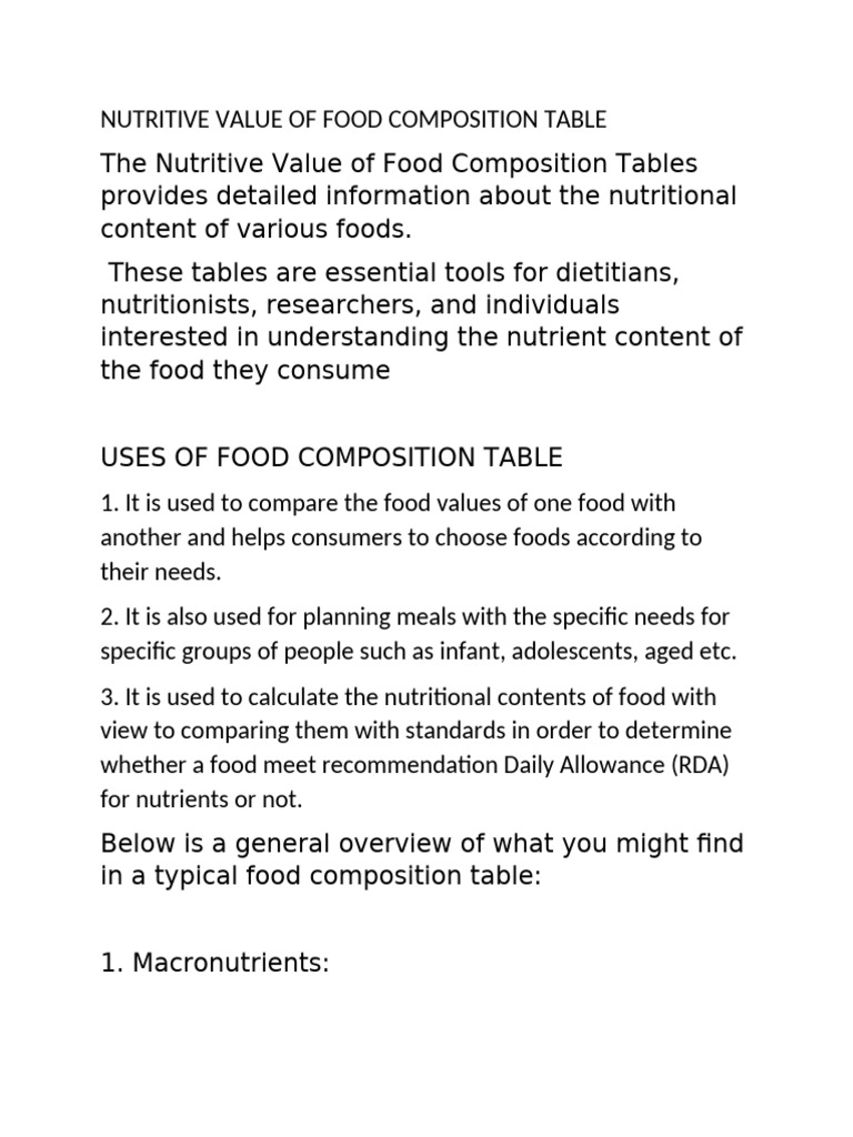 Food Composition Table | PDF | Nutrients | Foods