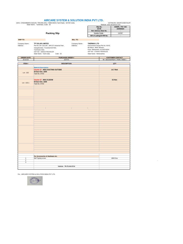 Aircare India Packing Slips for TP Solar | PDF
