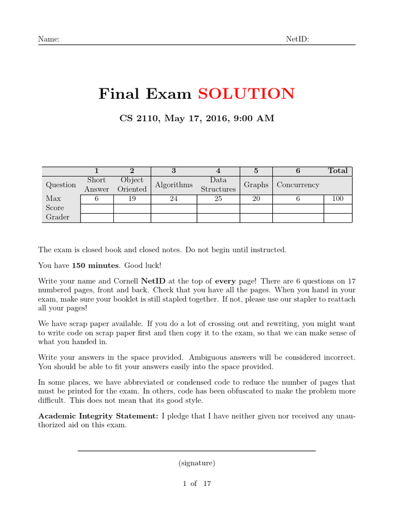 finalcs2110sp16sol | PDF | Computing | Software Engineering