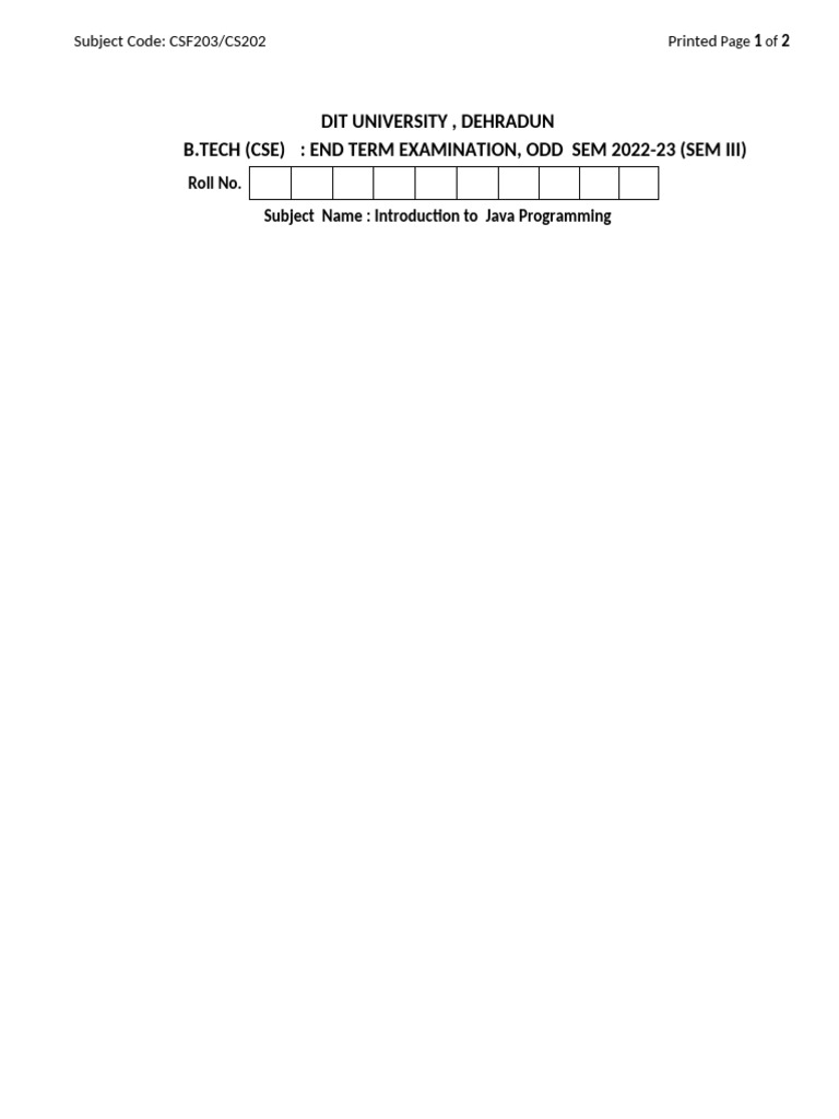 CSF203_CS202 Introduction to Java Programming END TERM_22_Head BCA (1) | PDF | Class (Computer ...