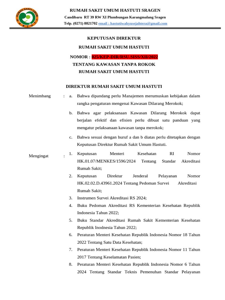 Kepdir Kawasan Tanpa Rokok Rsh | PDF