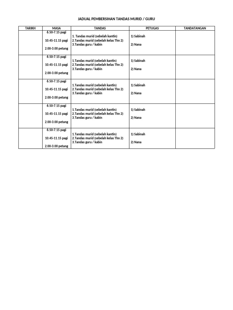 Jadual Pembersihan Tandas Murid | PDF