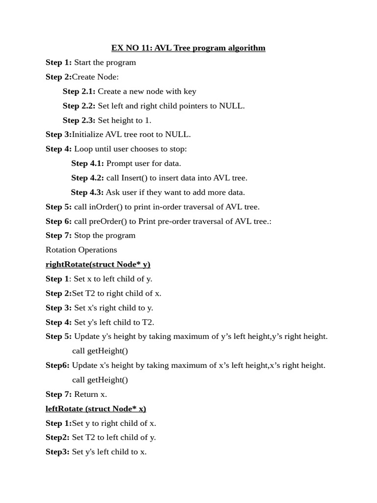 Avl Tree Algorithm Ex No 11 Pdf Algorithms Computer Programming