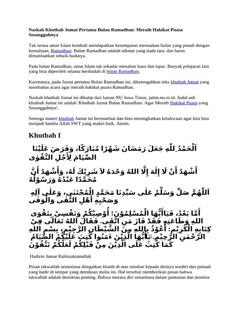 Naskah Khutbah Jumat Pertama Bulan Ramadhan | PDF