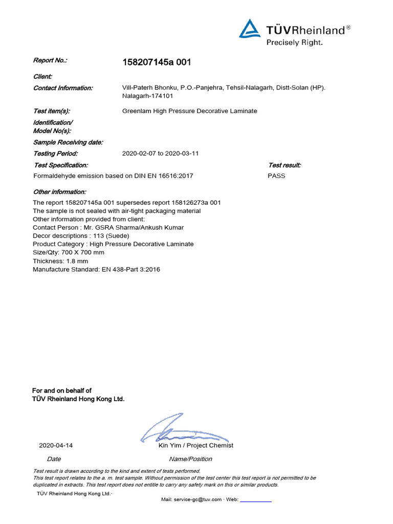 Formaldehy e Emission Test Report as Per en Standards | PDF | Breach Of ...
