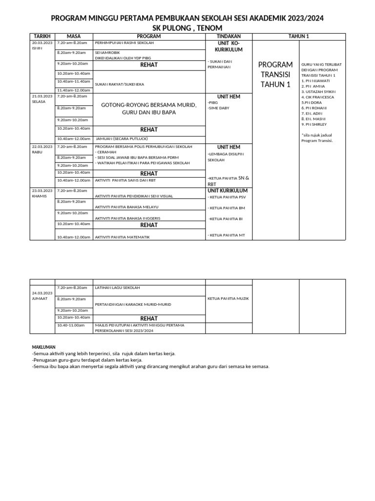 Program Minggu Pertama Pembukaan Sekolah 2023-2024 | PDF