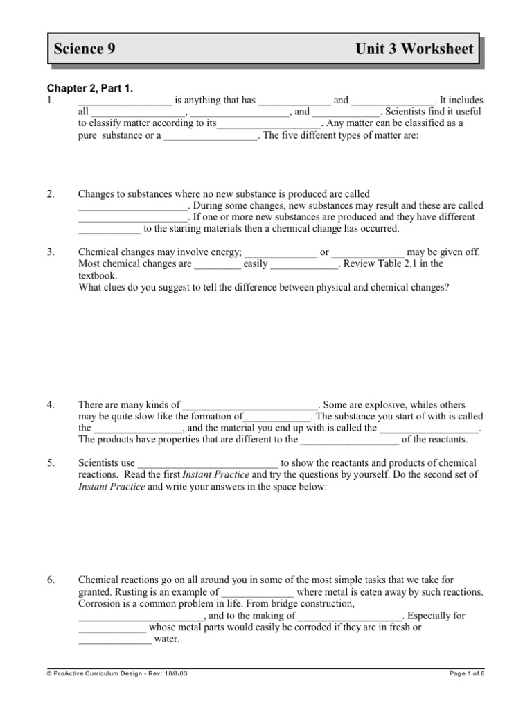 Sci9 Unit3 Worksheet | PDF | Chemical Elements | Chemical Compounds