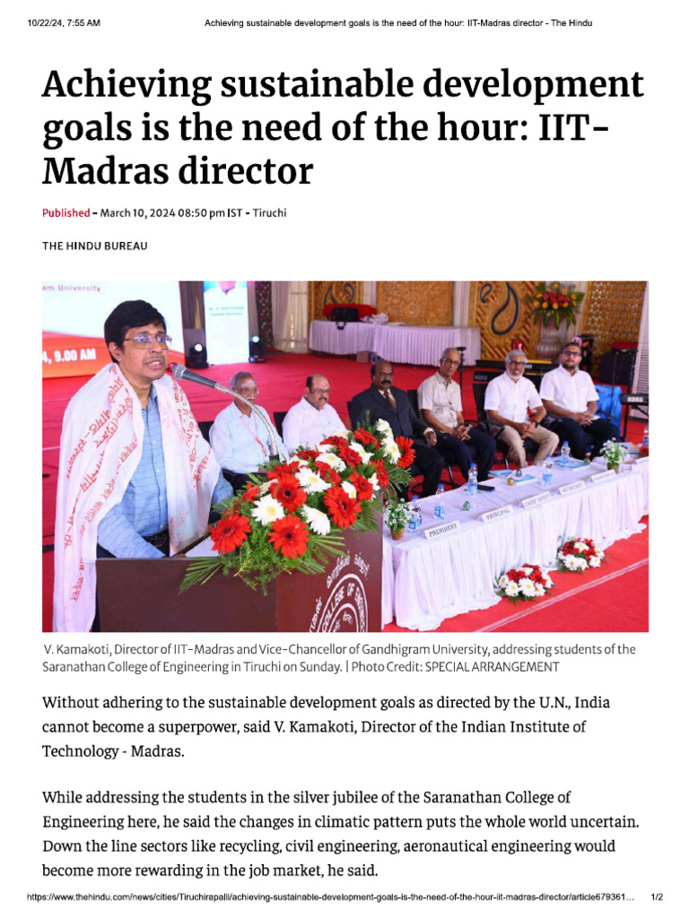 Achieving SDG Is The Need of The Hour - IIT Madras Director Mar 2024 | PDF