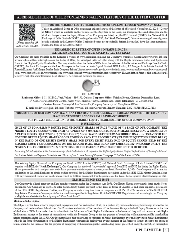 Abridged Offer for UPL Rights Issue | PDF | Stocks | Securities (Finance)