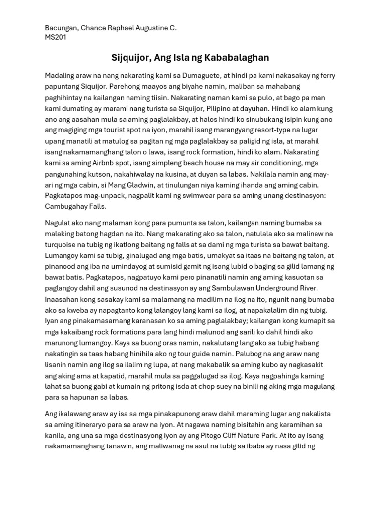 PT6 - Lakbay Sanaysay - Bacungan | PDF