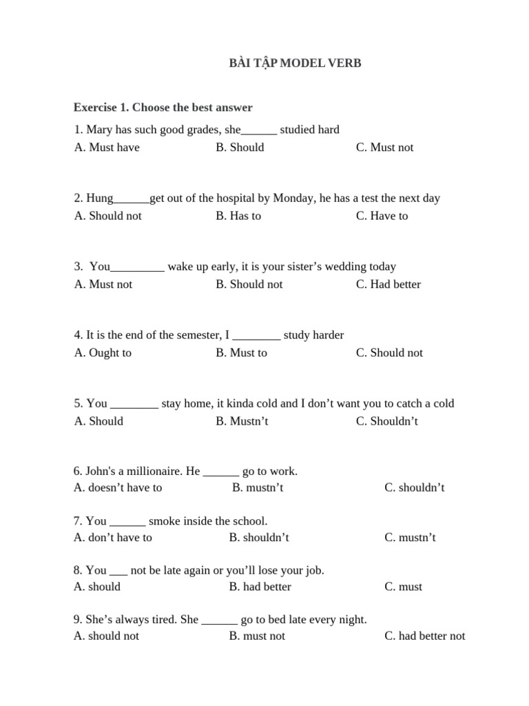 BÀI TẬP MODEL VERB | PDF