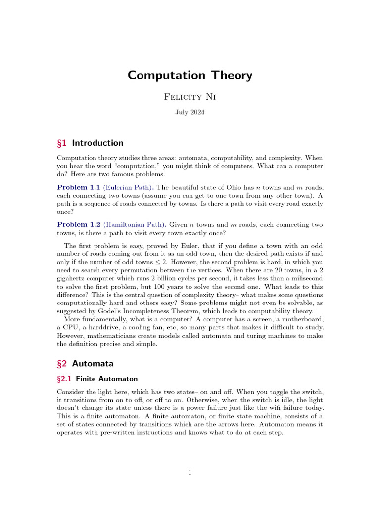 Computation Theory Lecture 1 | PDF | Automata Theory | Formalism (Deductive)