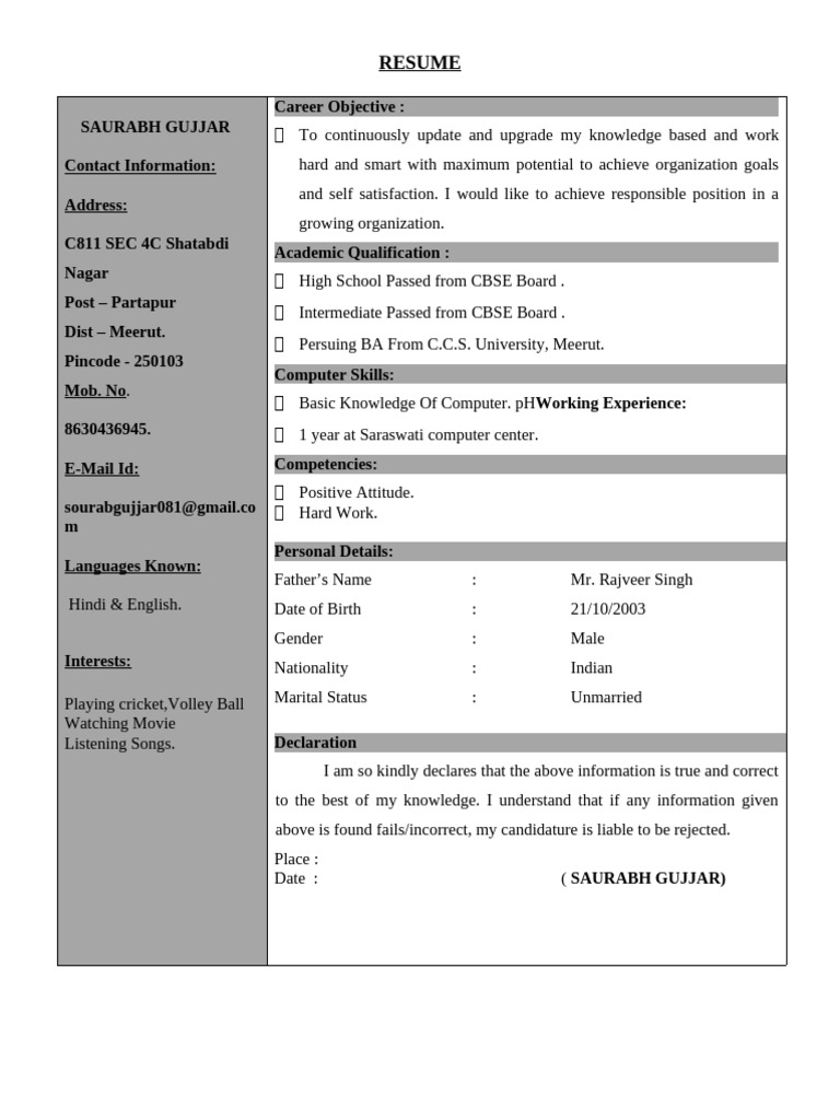Saurabh Gujjar Resume Overview | PDF