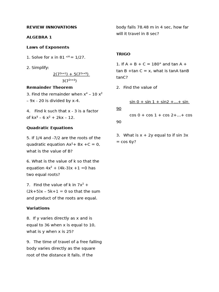 Algebra 1 Laws of Exponents Trigo | PDF | Quadratic Equation | Equations