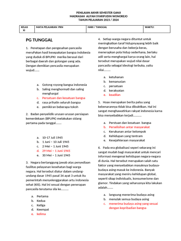 Format Soal Pas Ganjil 2024 Xi | PDF