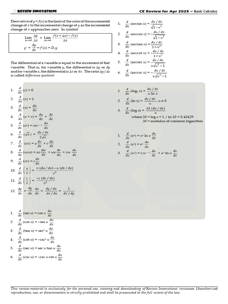 CE Board Apr 2025 - Basic Calculus | PDF | Trigonometric Functions | Derivative