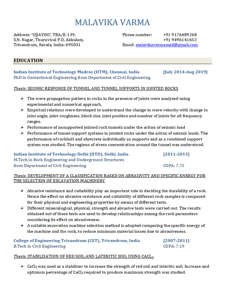 Ce14d047 - Malavika Varma - Resume - Malavika Varma | PDF | Engineering | Geotechnical Engineering