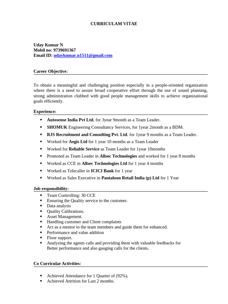 Uday_CV | PDF | Business | Cognition